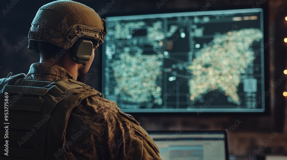 Tactical operations in a war room, soldier analyzing maps and digital ...