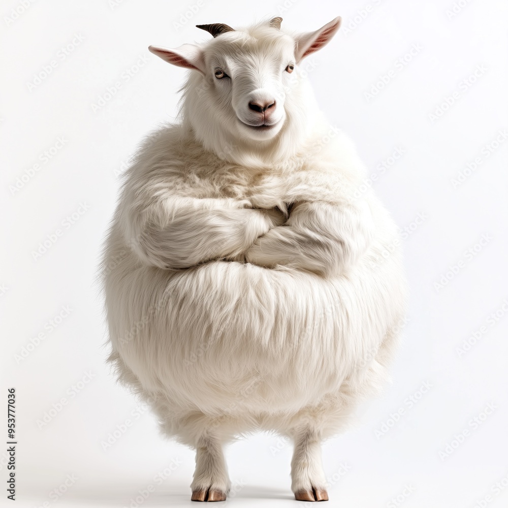 Fluffy overweight white goat standing with crossed hooves. Concept of ...