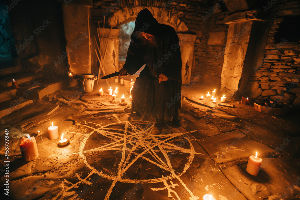 Satanic Ritual with Hooded Warlock on Pentacle Summoning Demonic Forces ...