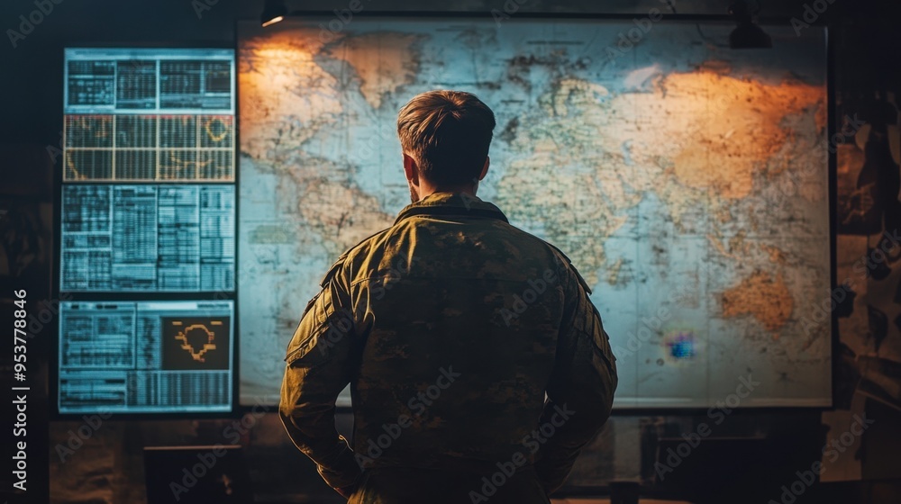 Tactical operations in a war room, soldier analyzing maps and digital ...