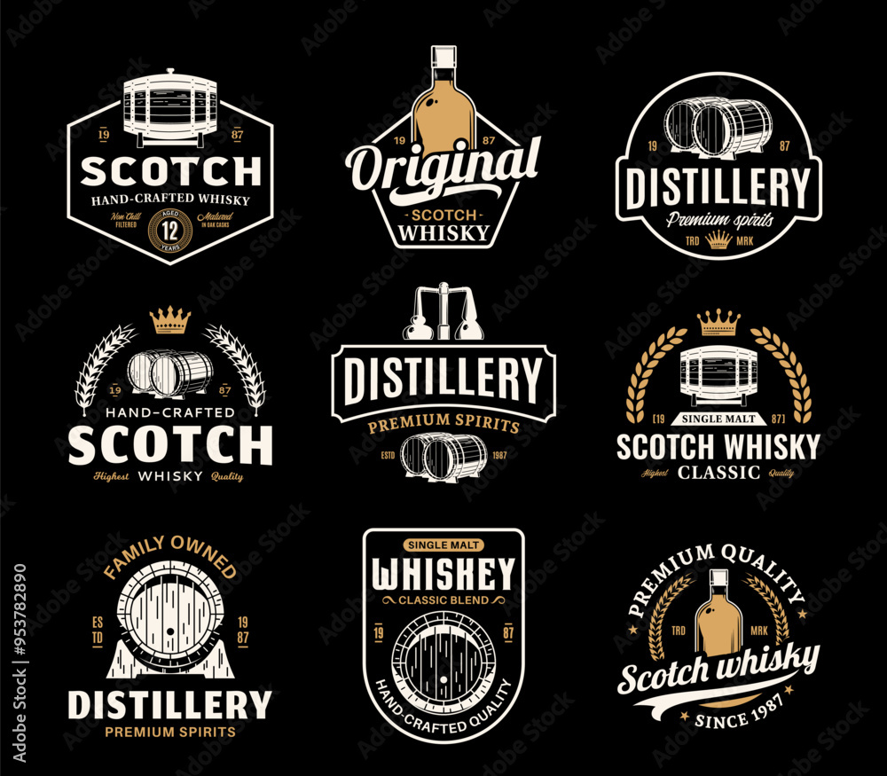 Vector white and gold vintage scotch whisky logo isolated on a black ...
