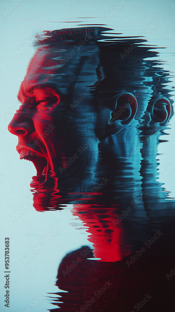 Surreal side profile of a man with glitch-like red and blue distortion ...