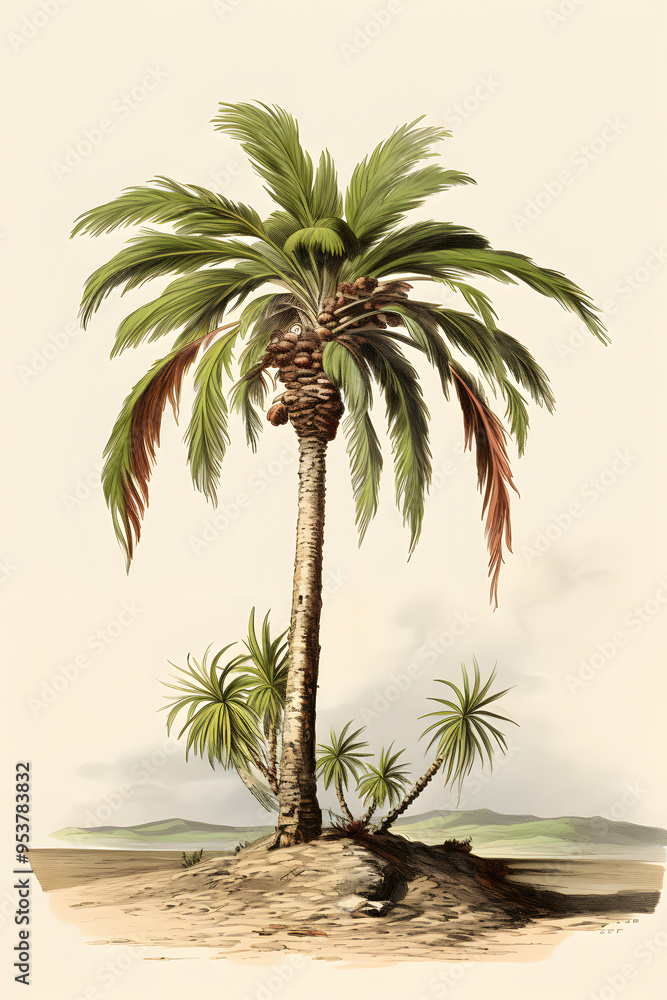 nature style book illustration of a palm tree, vintage basic palm tree ...