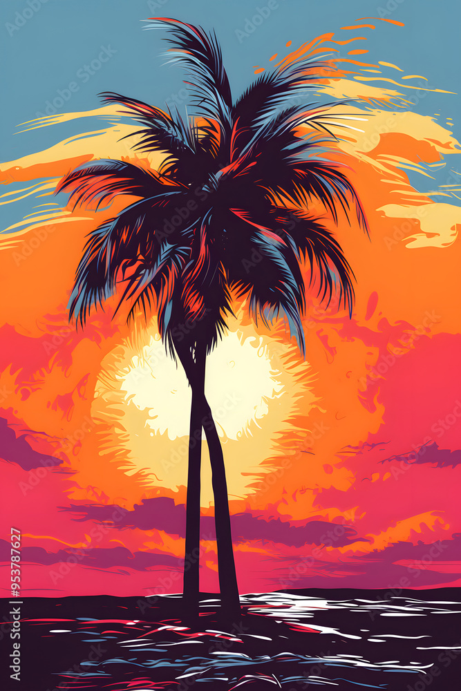 pop art style illustrated palm tree, palm tree illustration pop art ...