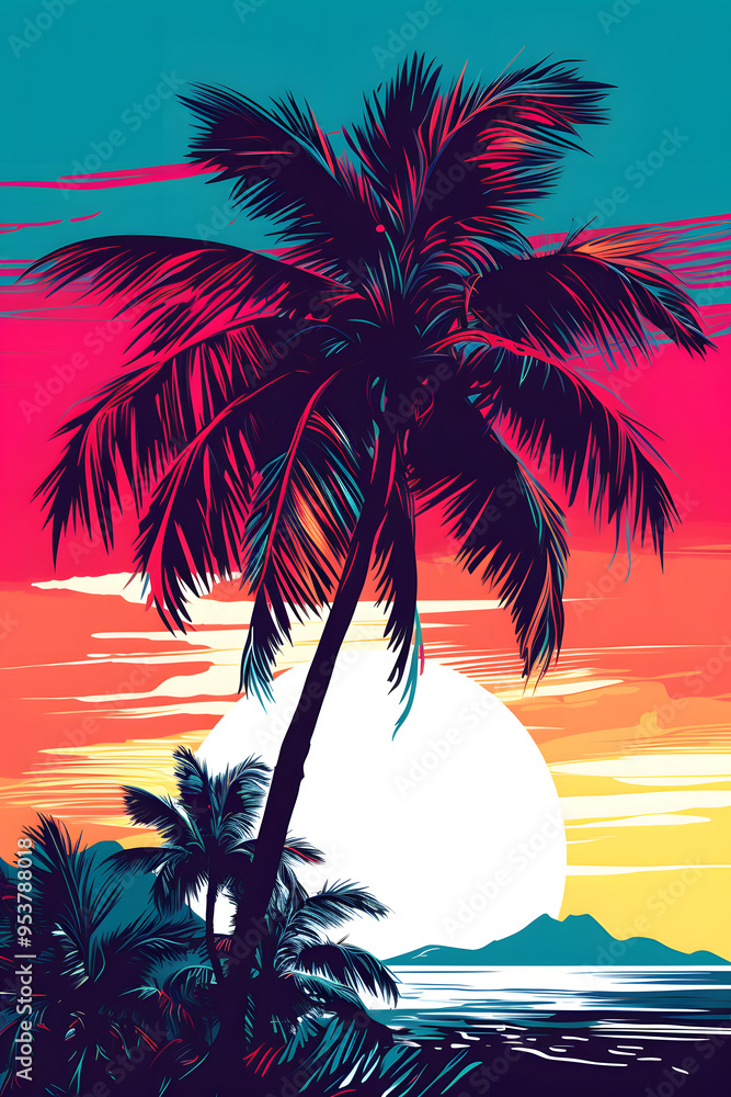pop art style illustrated palm tree, palm tree illustration pop art ...