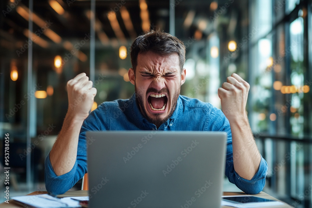 Full-body photo of an angry man in his thirties sitting at a desk ...