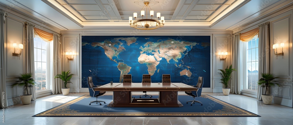 Conference room scene blended with world map and time zones. List of ...