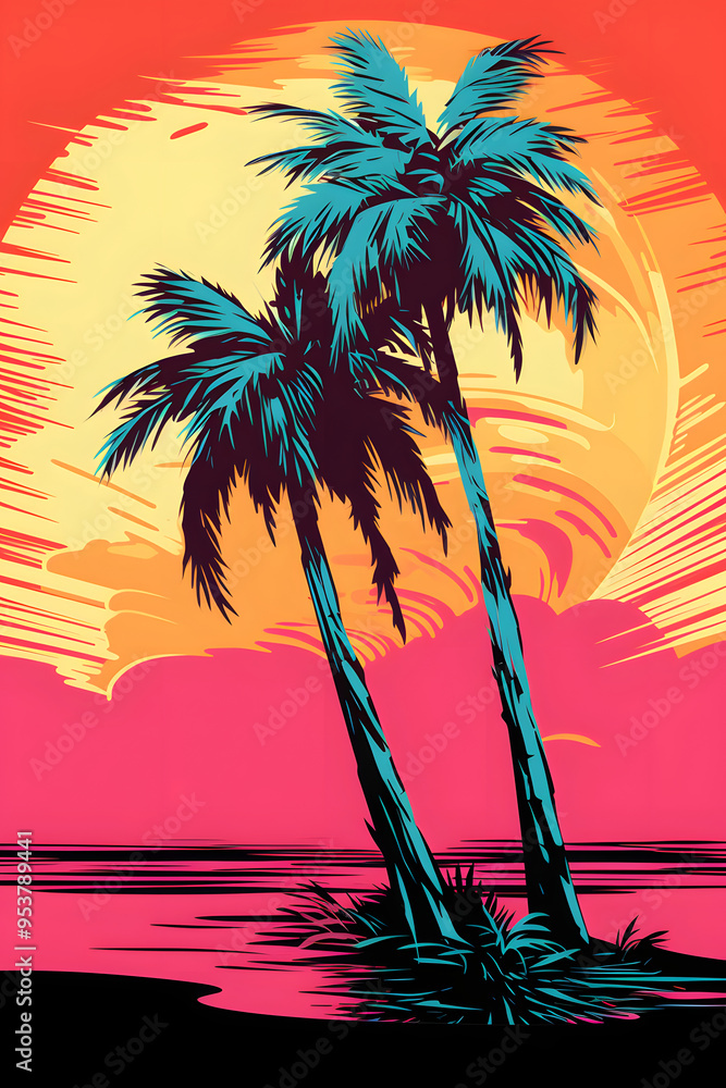 pop art style illustrated palm tree, palm tree illustration pop art ...