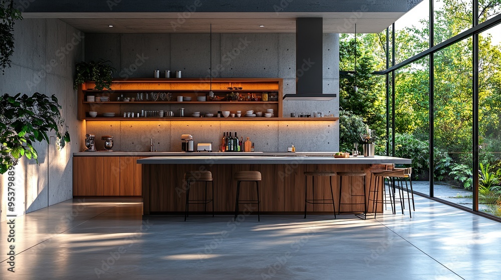 Modern kitchen featuring streamlined cabinetry and elegant countertops ...