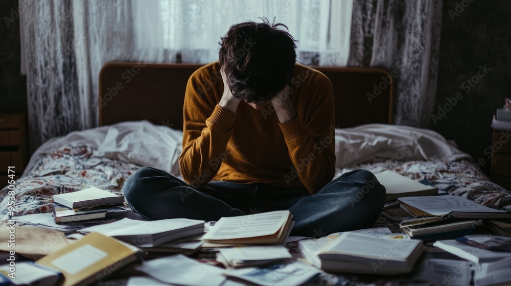 Person Sitting On A Bed With Scattered Books And Papers, Looking Lost ...