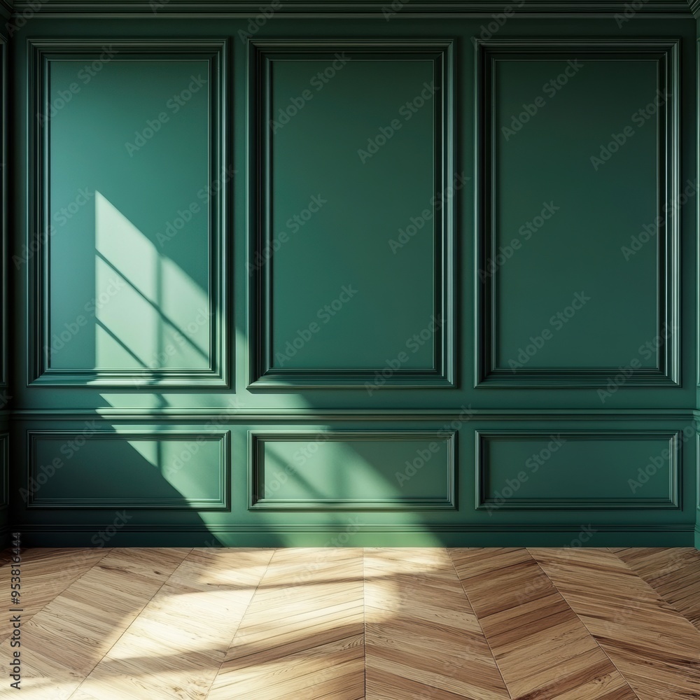 Sunlit interior featuring an emerald green wall with classic molding ...