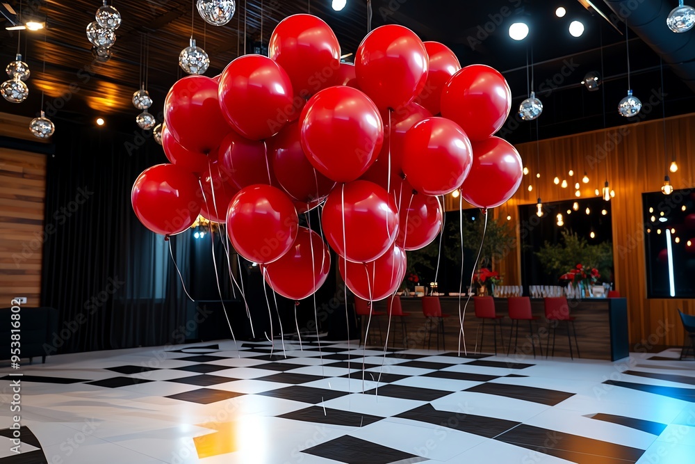 Balloon Helium Balloon, Red, and Cluster shown in a party setting where ...