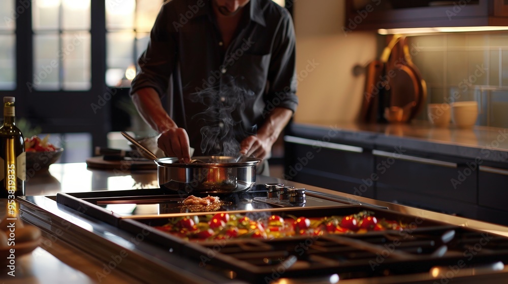 modern kitchen with a sleek glass-top stove, featuring a chef preparing ...