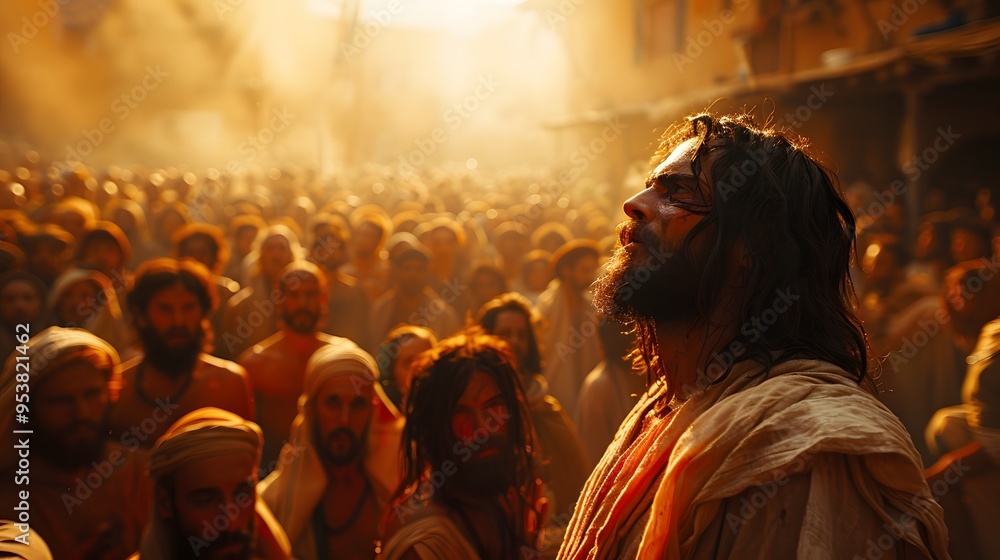 Jesus performs a miracle in the midst of a large crowd, healing a blind ...
