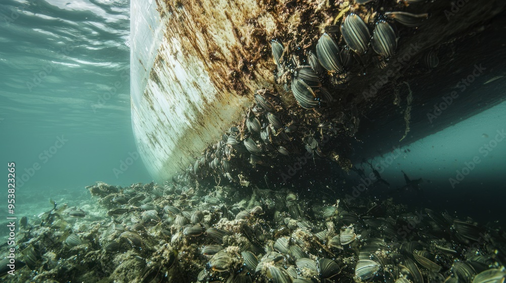 An underwater shot of zebra mussels attached to a boatâ€™s hull ...