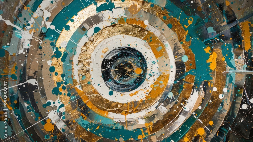 Abstract oil painting of a circular pattern with splashes and drips in ...