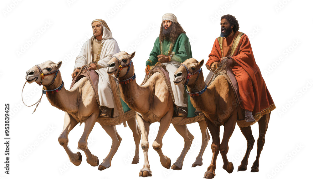 Los tres Reyes Magos montados en camello camino de Belén con fondo ...
