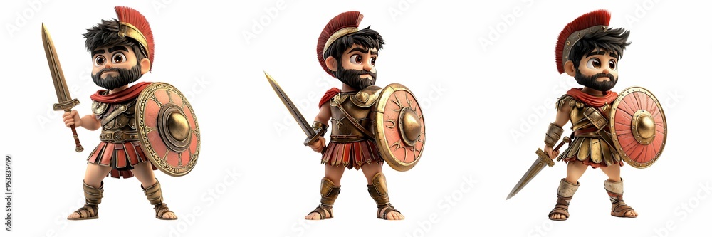 Cartoon Roman soldiers in full armor, holding swords and shields ...