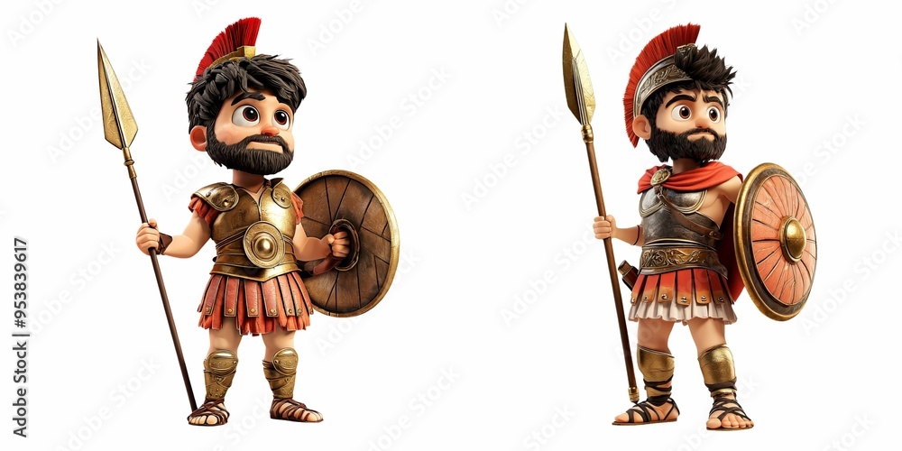Cartoon Roman soldiers in detailed armor holding spears and shields ...