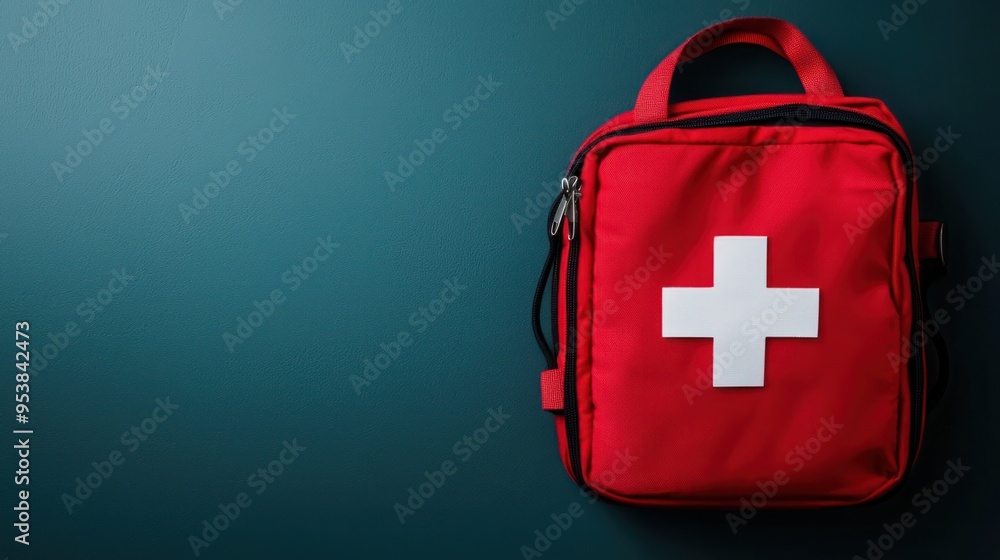 Red first aid emergency kit bag with a white cross on a green ...