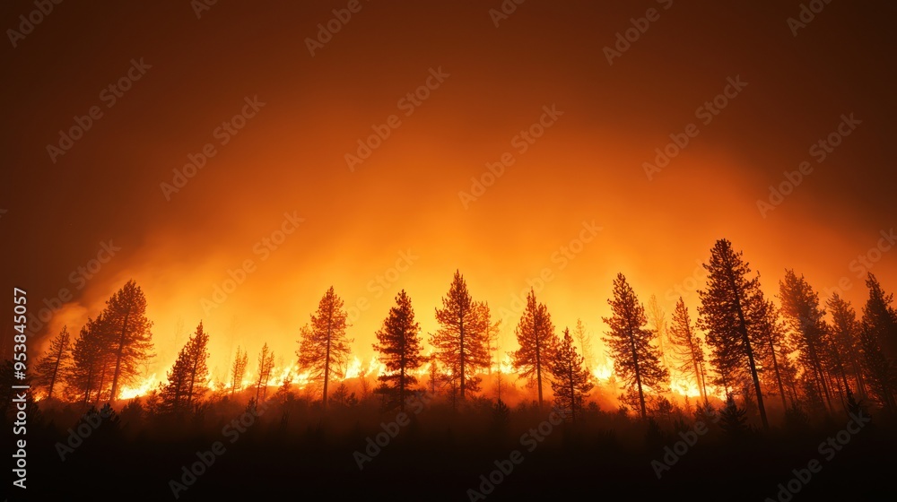 Intense wildfire engulfing a forest at night, creating a dramatic and ...