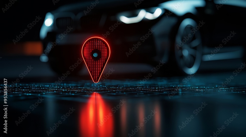Vehicle highlighted by a pulsing red GPS pin, representing real-time ...