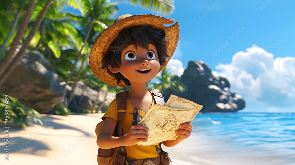 Animated boy exploring a tropical island with a treasure map in hand ...