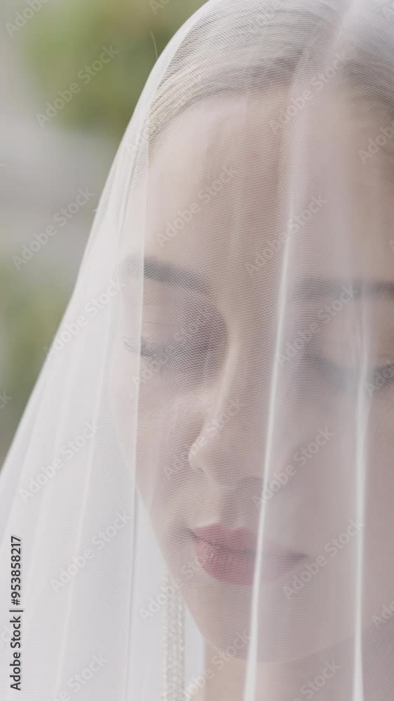The bride in a white dress and a transparent veil. Action. Beautiful ...