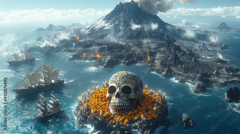 Dramatic Pirate Island with Giant Skull Formation, Erupting Volcano ...