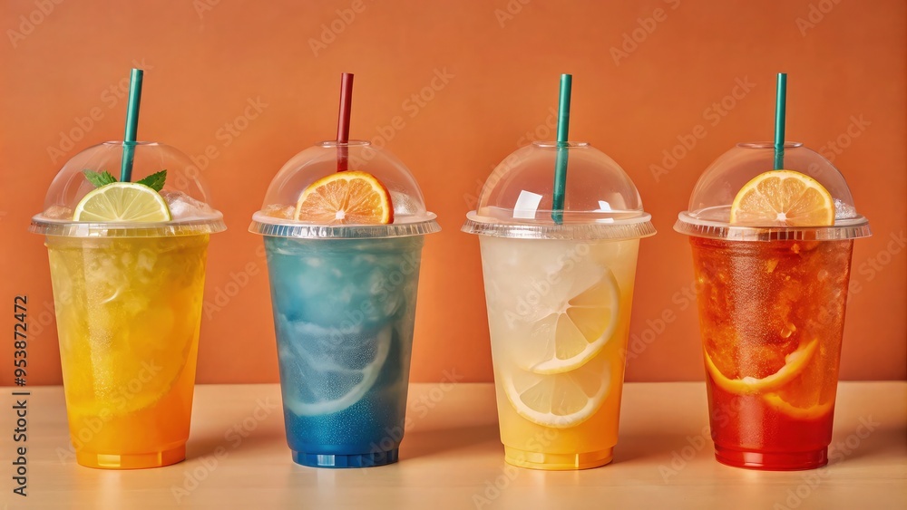 Realistic studio photography of four plastic cups filled with ice ...