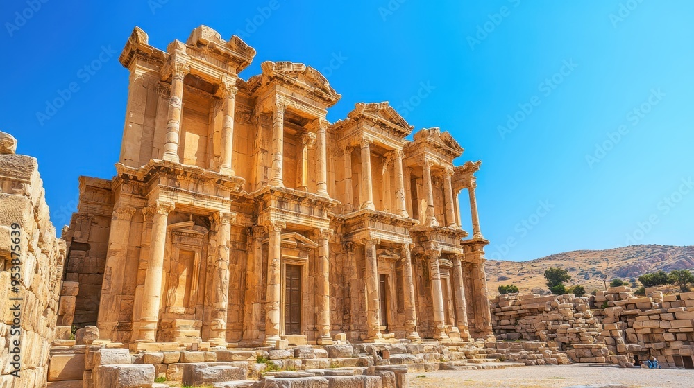Ancient Roman Library of Celsus in Ephesus, Turkey, under a bright blue ...