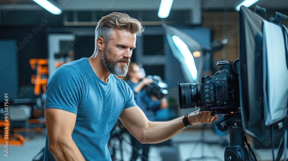 A professional photographer reviewing shots on a monitor while the crew ...
