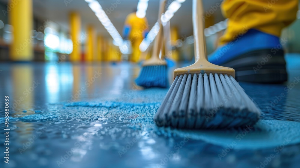 Cleaning hotel corridors. Janitors clean rooms in buildings. Cleaning ...