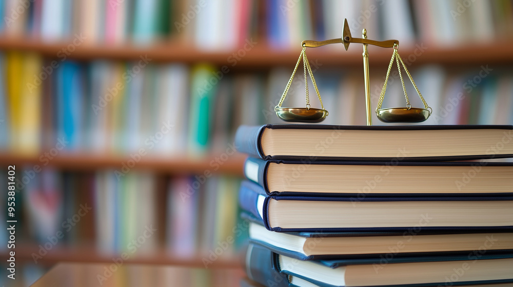A stack of law books with a scale of justice on a table in a library ...