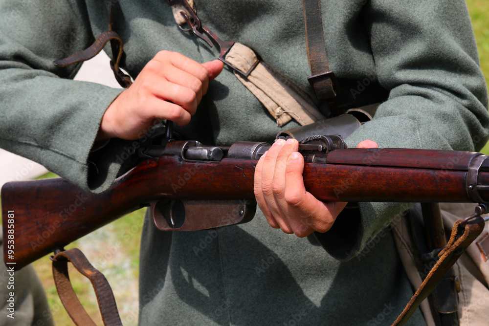 Soldier with the Italian uniform from the First World War loading an ...