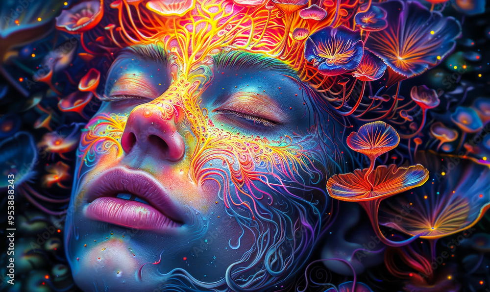 Vivid Psychedelic Experience: Human Immersed in DMT Magic Mushrooms and ...