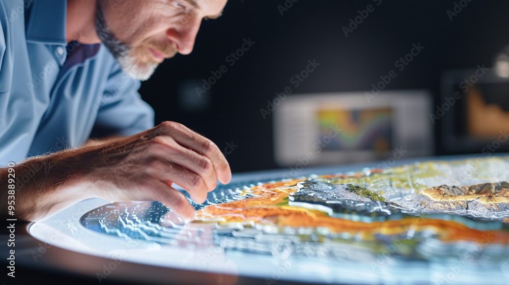 a geologist examining a large-scale model of tectonic plates, with ...