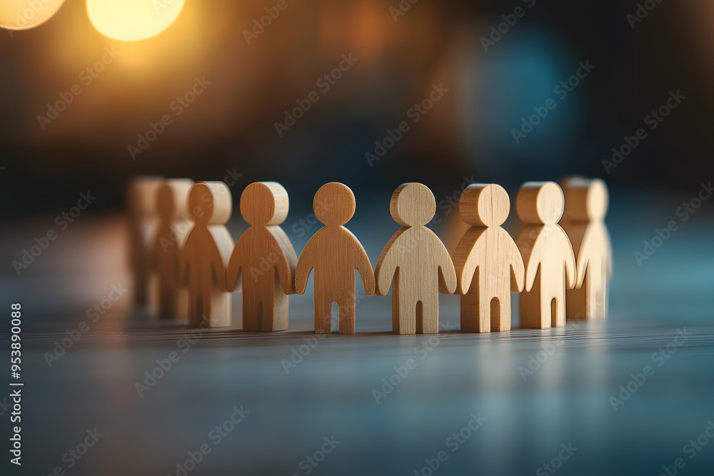 Group of wooden human figures standing in a circle representing teamwork, unity, and community ...