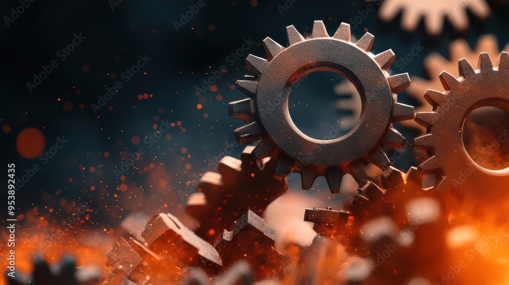 Broken gears and cogs spilling out of a traditional business machine ...
