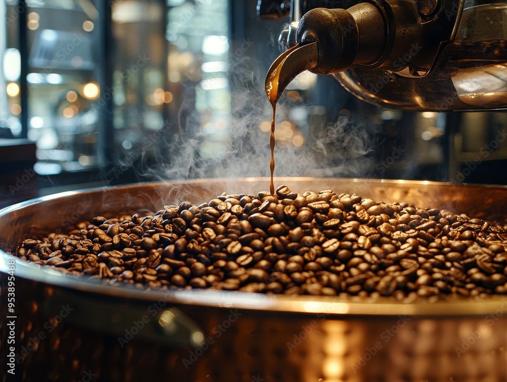Coffee Bean Ritual Closeup of freshly roasted beans with steam pouring ...