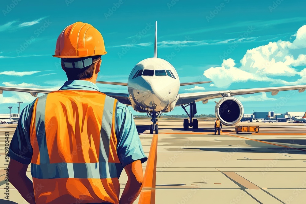 Aircraft Marshall. Airport Worker Directing Aircraft on Runway with ...
