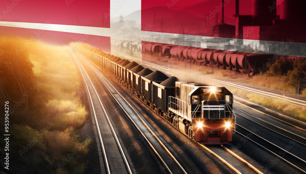 An industrial freight train moves through golden fields beneath an ...