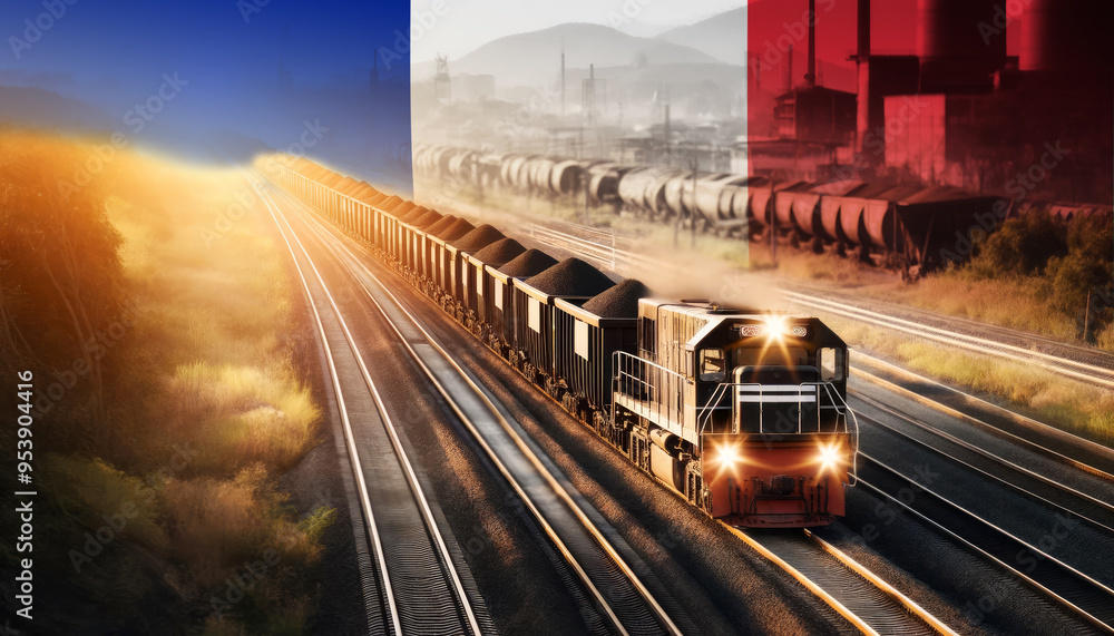 An industrial freight train moves through golden fields beneath an ...