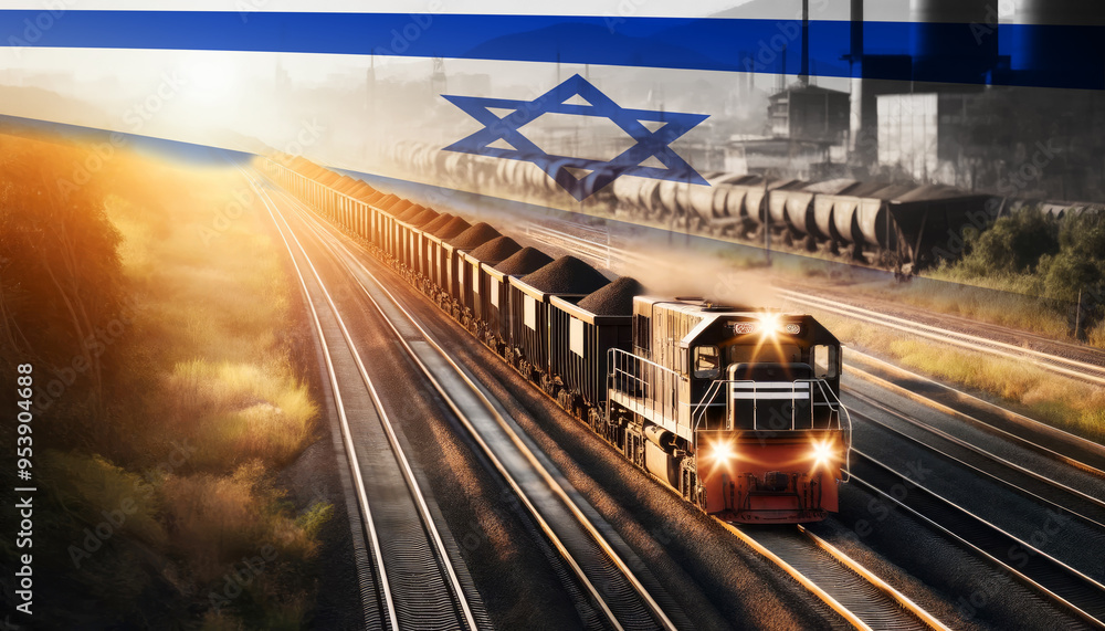 An industrial freight train moves through golden fields beneath an ...