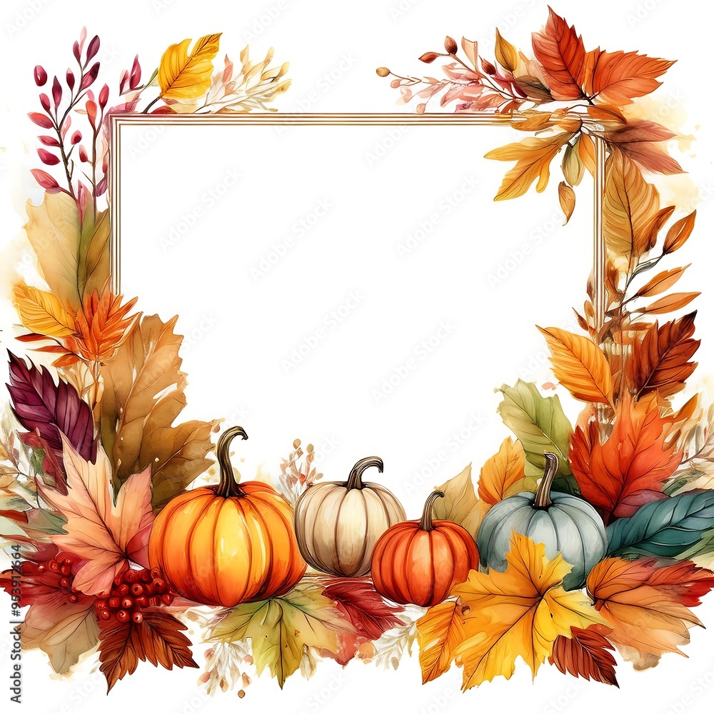 Autumn-themed square border watercolor painting with a white background ...