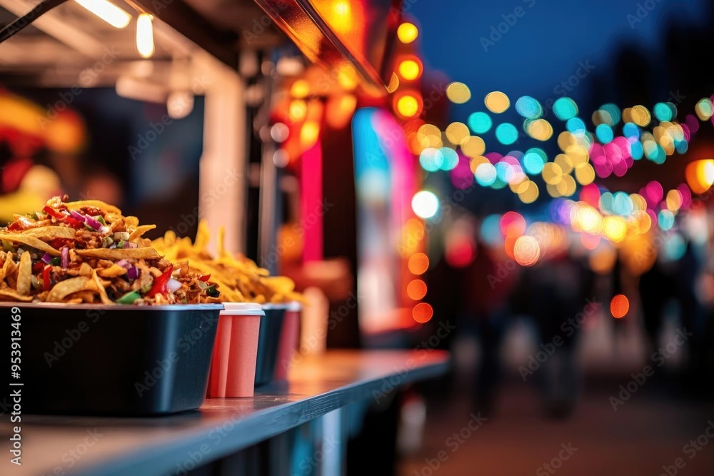 Vibrant food scene at night with colorful lights and delicious nachos ...