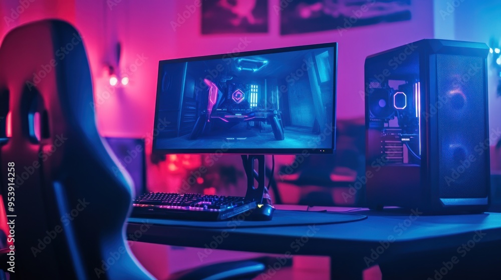 Gaming setup with a vibrant neon-lit room featuring a high-end PC ...