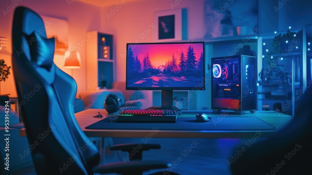 A modern gaming setup at night with LED lighting, featuring a high-end ...