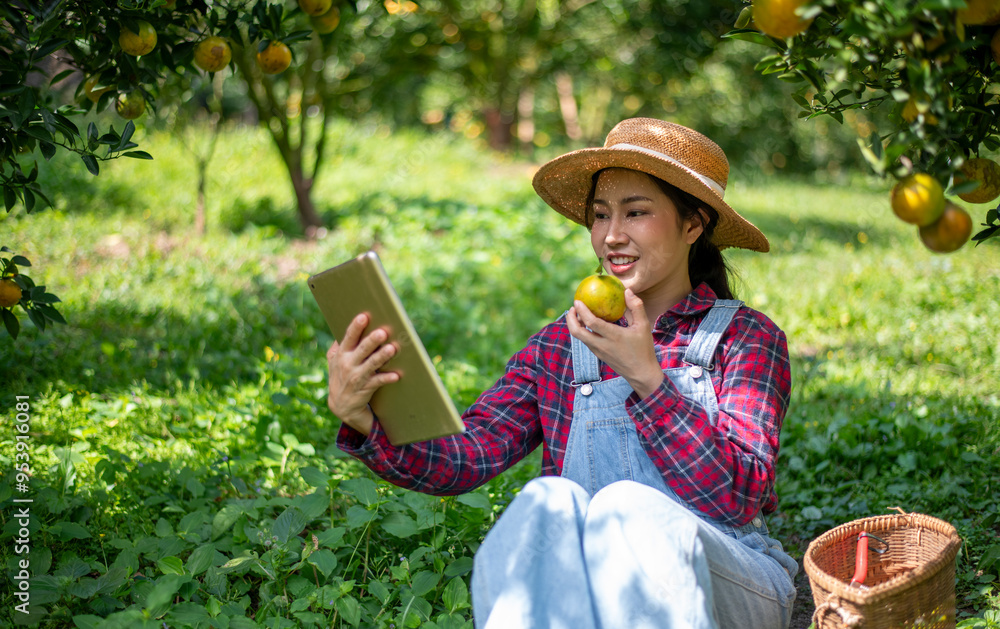Beautiful woman gardener in a citrus orchard, picking oranges with a ...