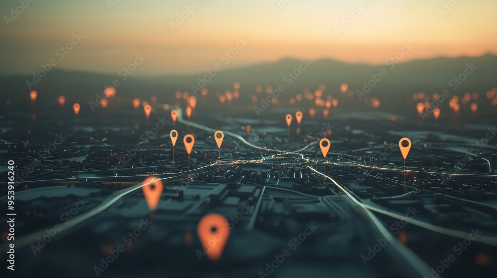 Aerial view of a city at dusk with digital overlay of orange location ...